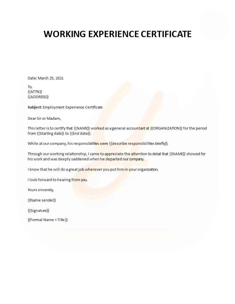 Work Experience Certificate: Word Format & PDF Sample
